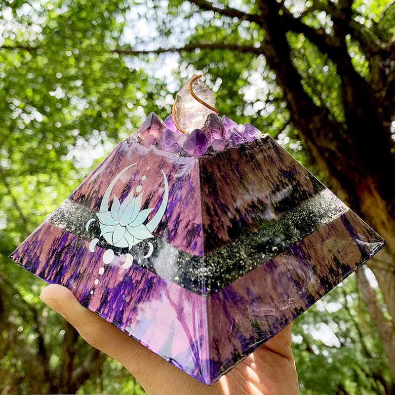 Olivenorma 14cm Lotus Amethyst Energy Spire Orgone Pyramid – au.olivenorma